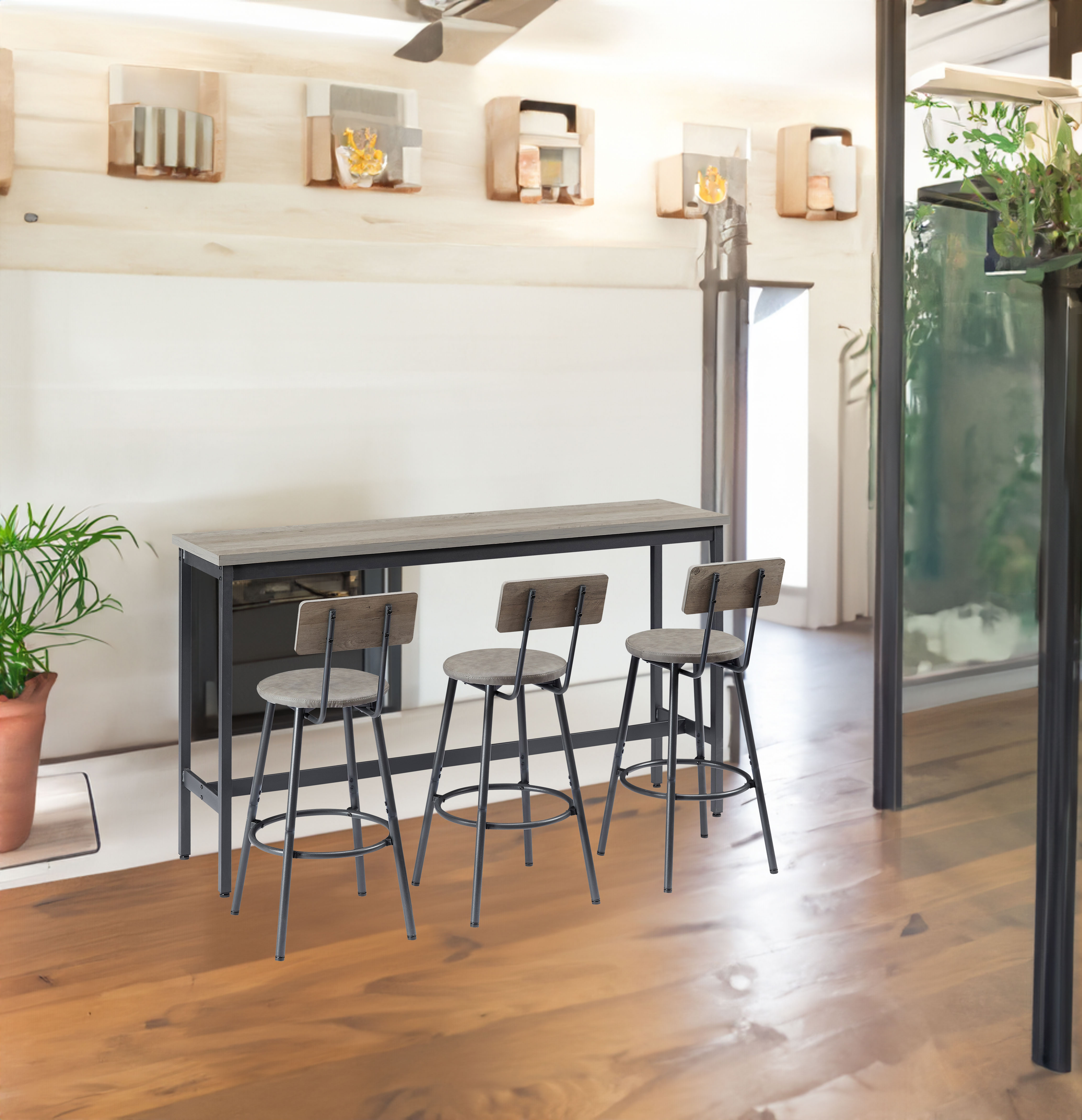 Long Bar Table Set with 3 PU Upholstered Bar Stools Industrial Bar ...